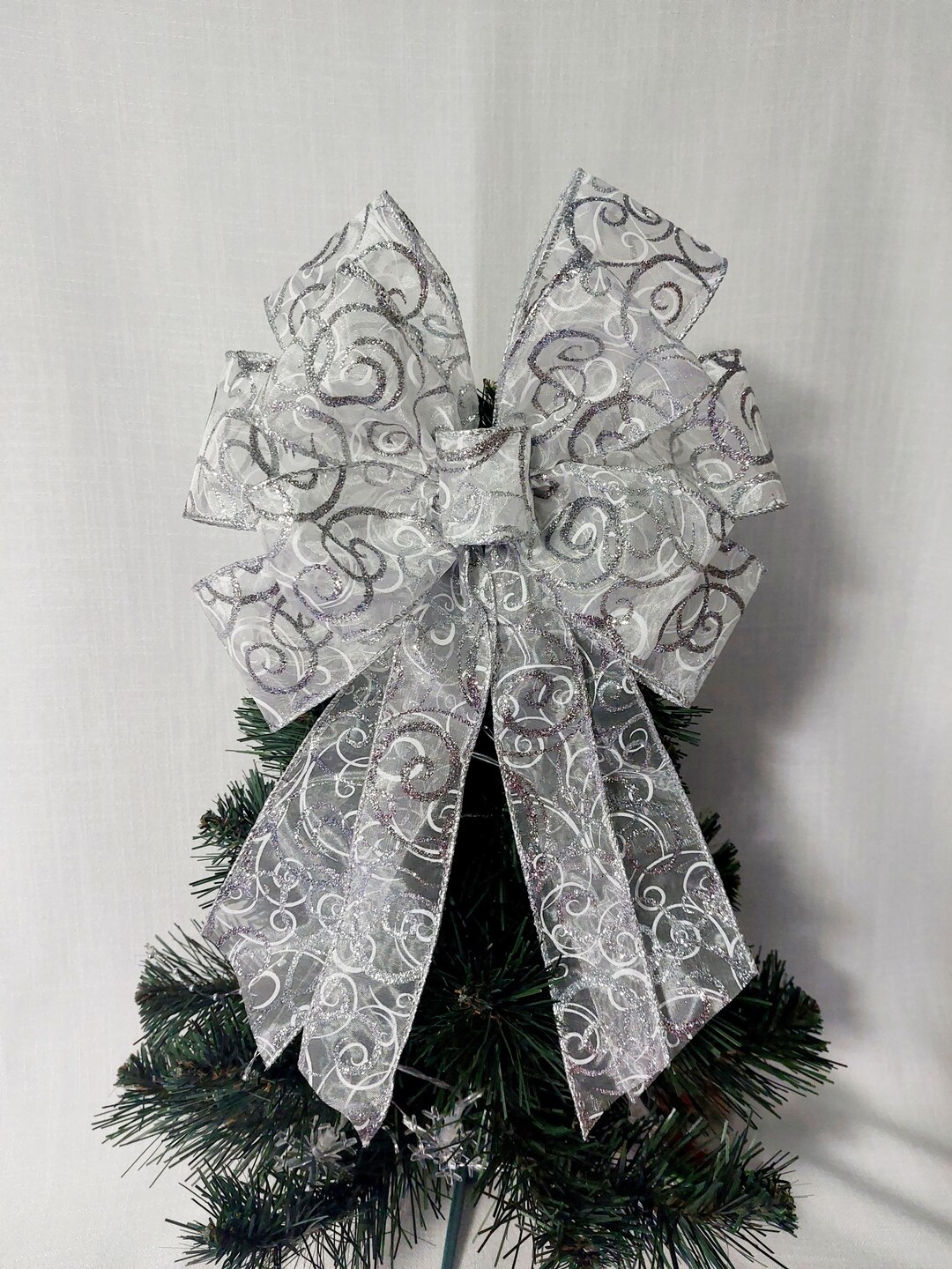 Christmas Tree Bow Topper Wirred Ribbon Decoration Silver Glitter Xmas ...