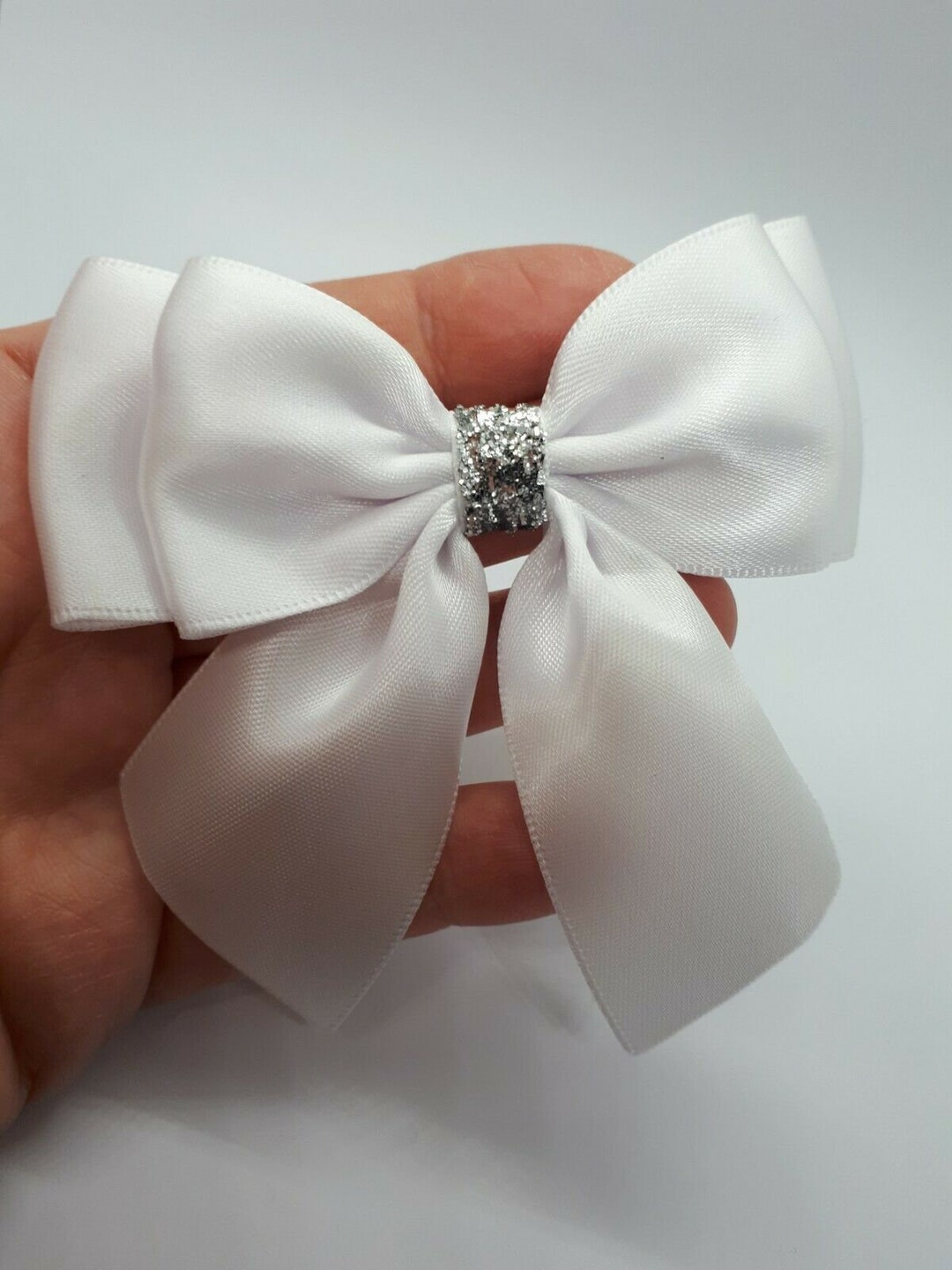 Double Bows Satin Ribbon Ready Made Bows 9cm Large Bows White Silver ...