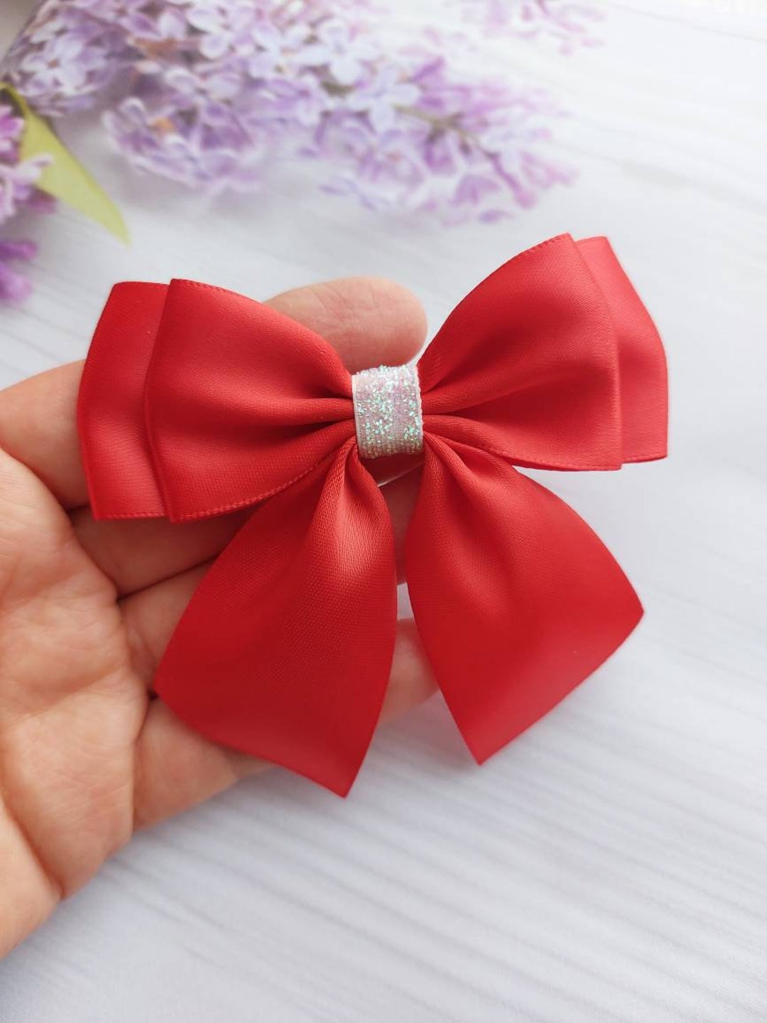 Double Bows Satin Ribbon Ready Made Bows 3.5 Inch 9cm Wide Red AB White ...