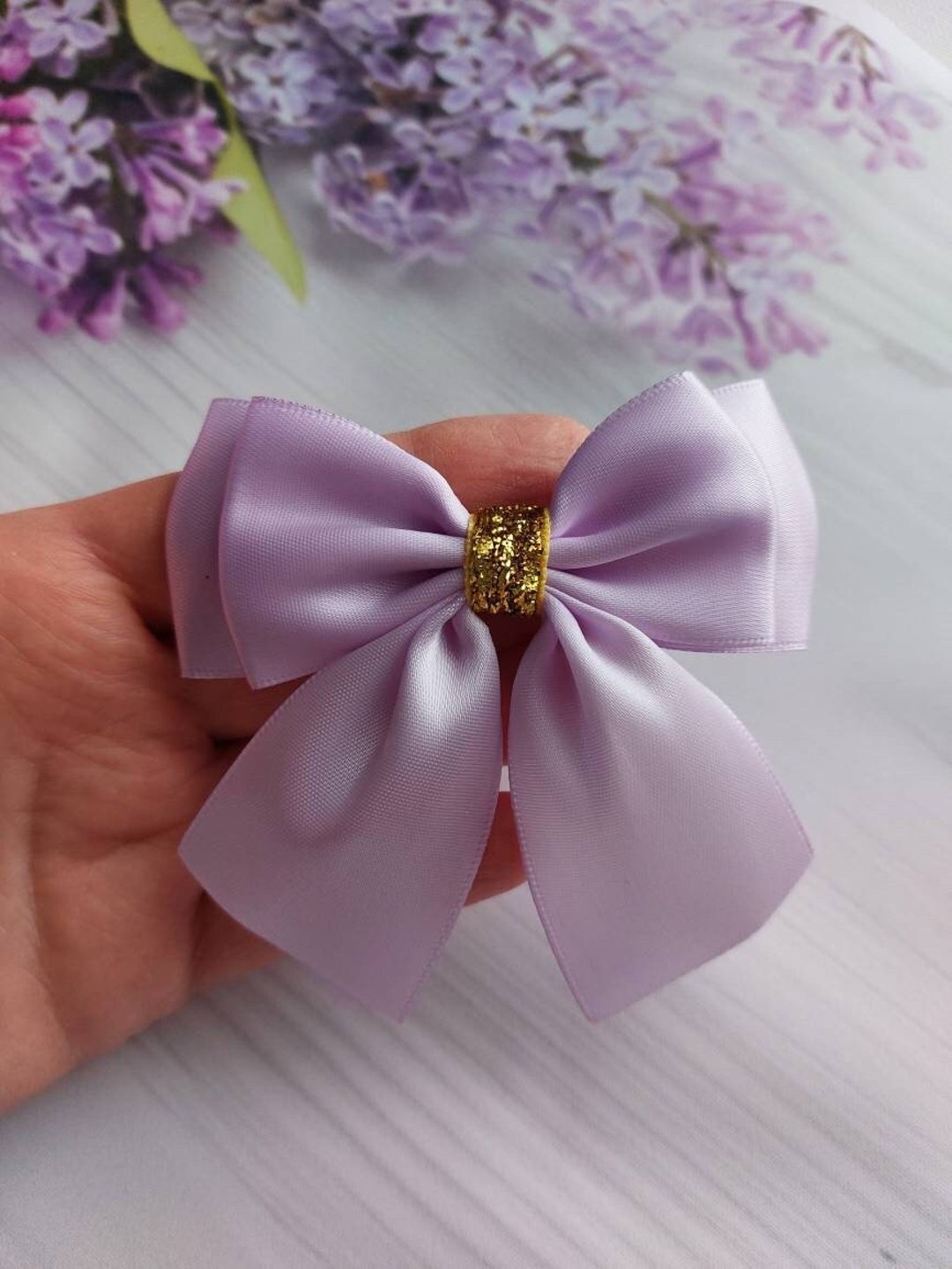 Double Bows Satin Ribbon Ready Made Bows 3.5 Inch 9cm Lilac Golden ...