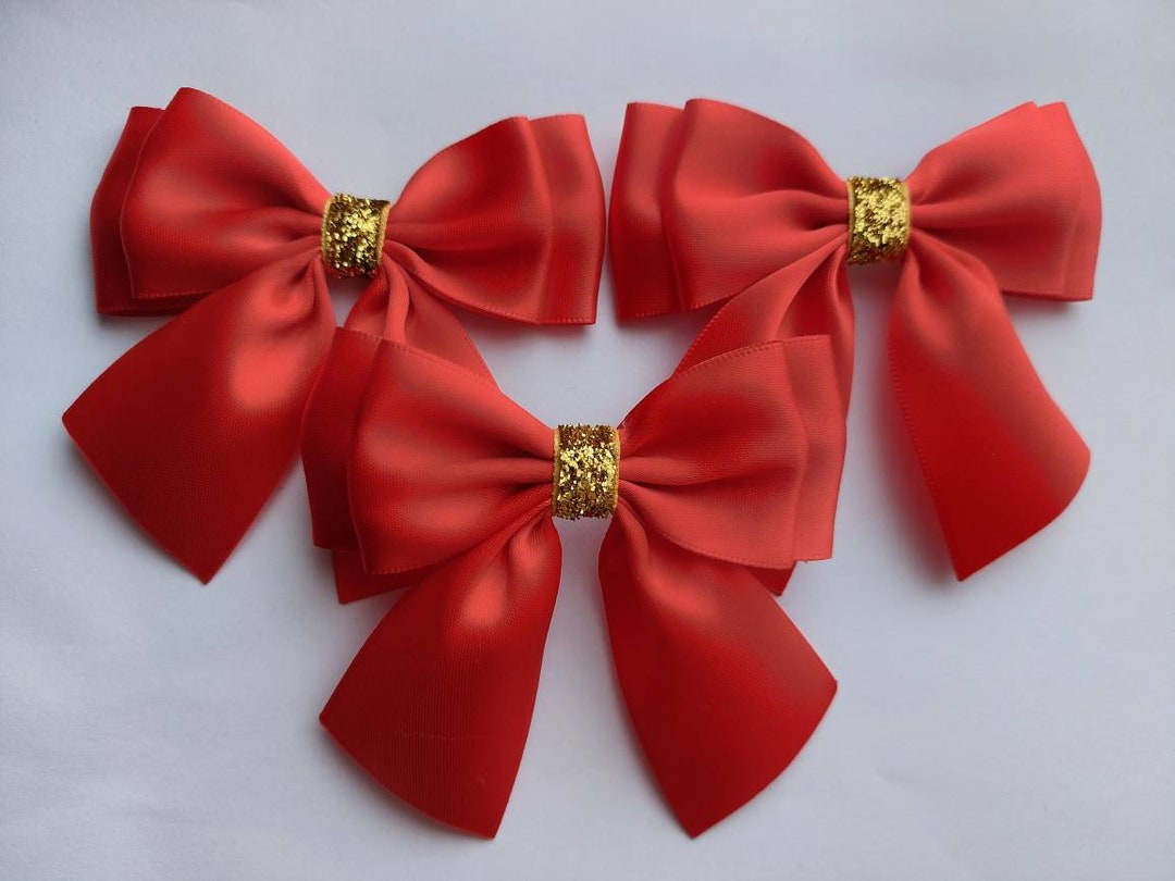 Double Bows Satin Ribbon Ready Made Bows 3.5 Inch 9cm Wide Red Golden ...