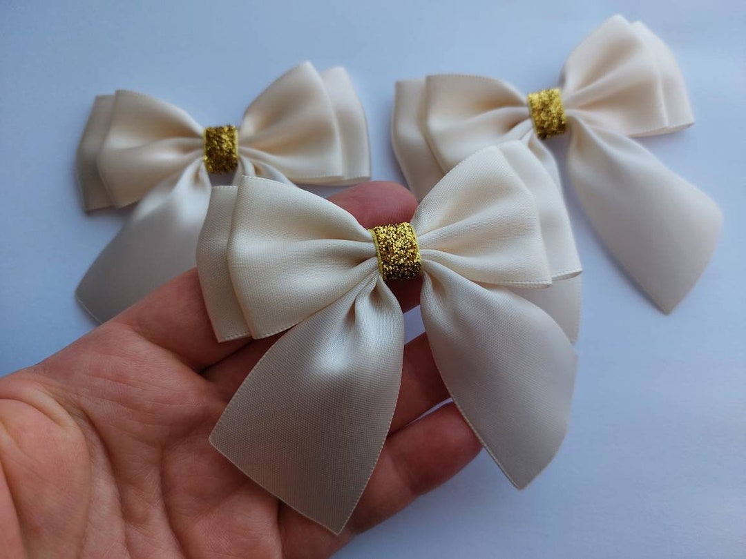 Double Bows Satin Ribbon Ready Made Bows 3.5 Inch 9cm Wide Ivory Golden ...
