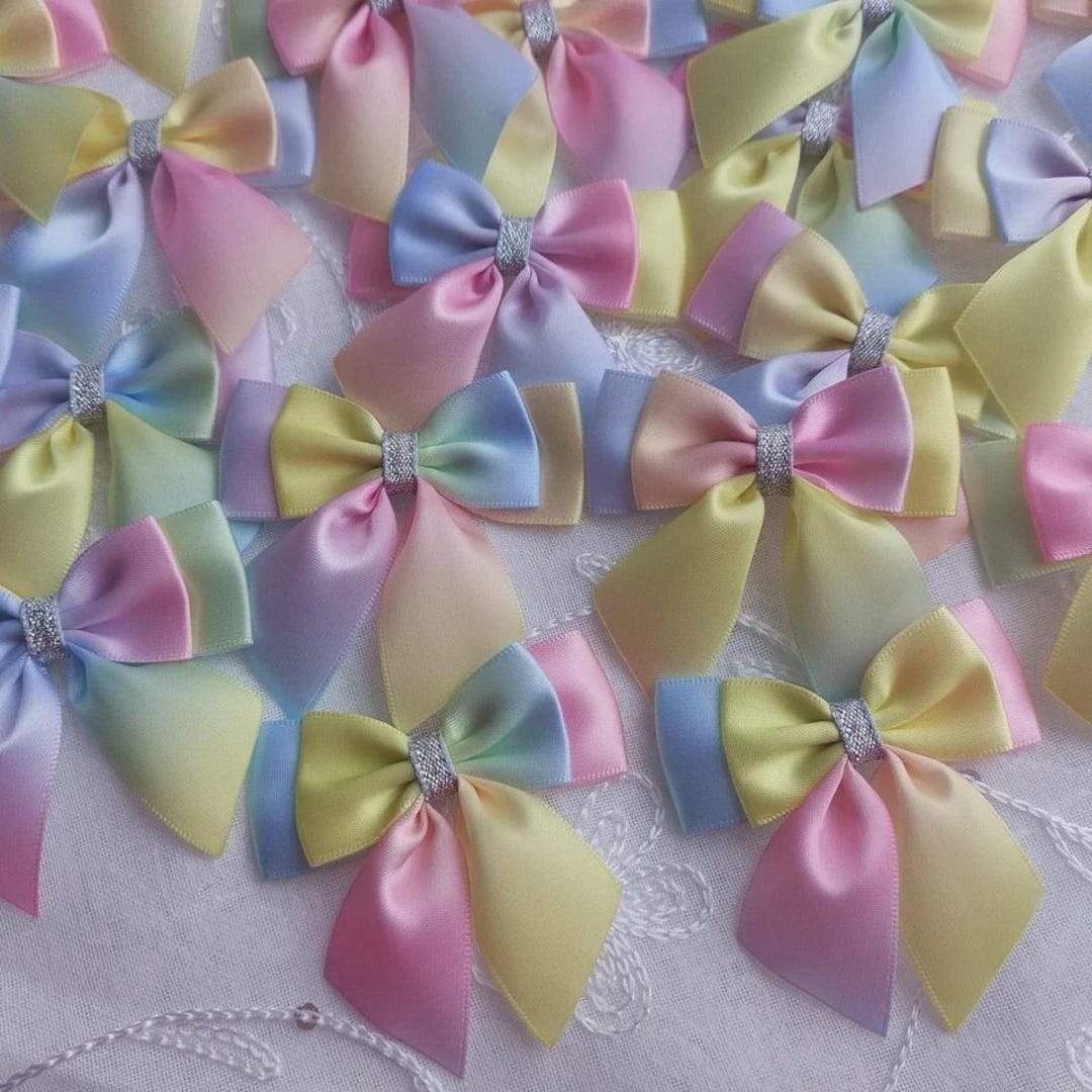 Rainbow Satin Ribbon Bows With Silver Trim, Handmade Embellishments ...