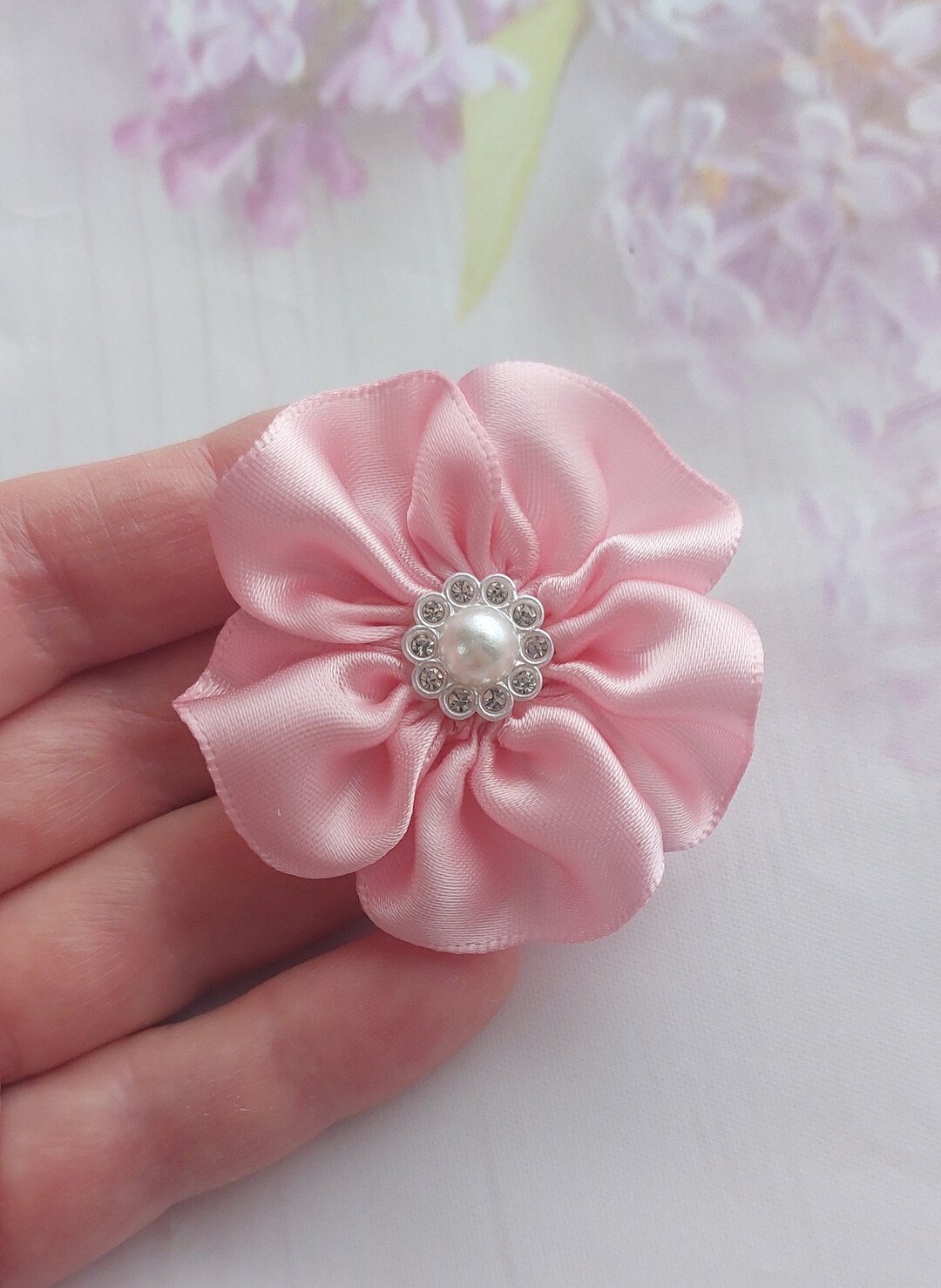 Flower Badge Brooch Pink Satin Ribbon Corsage Lapel Pin Wedding Costume ...