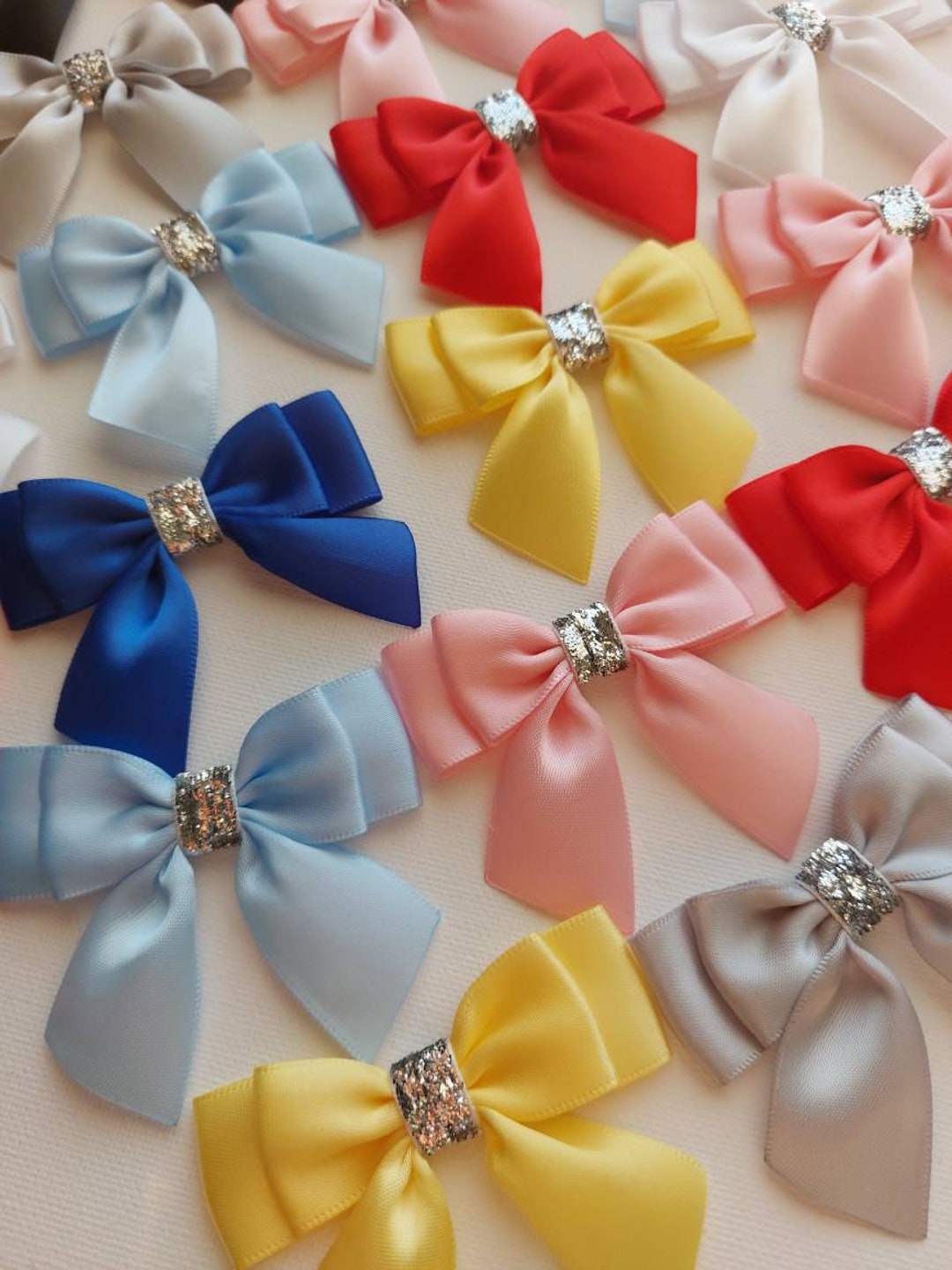 6 X Satin Ribbon Bows 7 Cm Bows Self Adhesive Bows Silver Glitter Bow ...