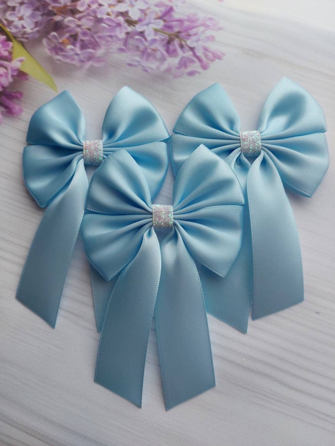 Satin Ribbon Bows Tail Bows Light Blue Baby Blue AB White Glitter ...