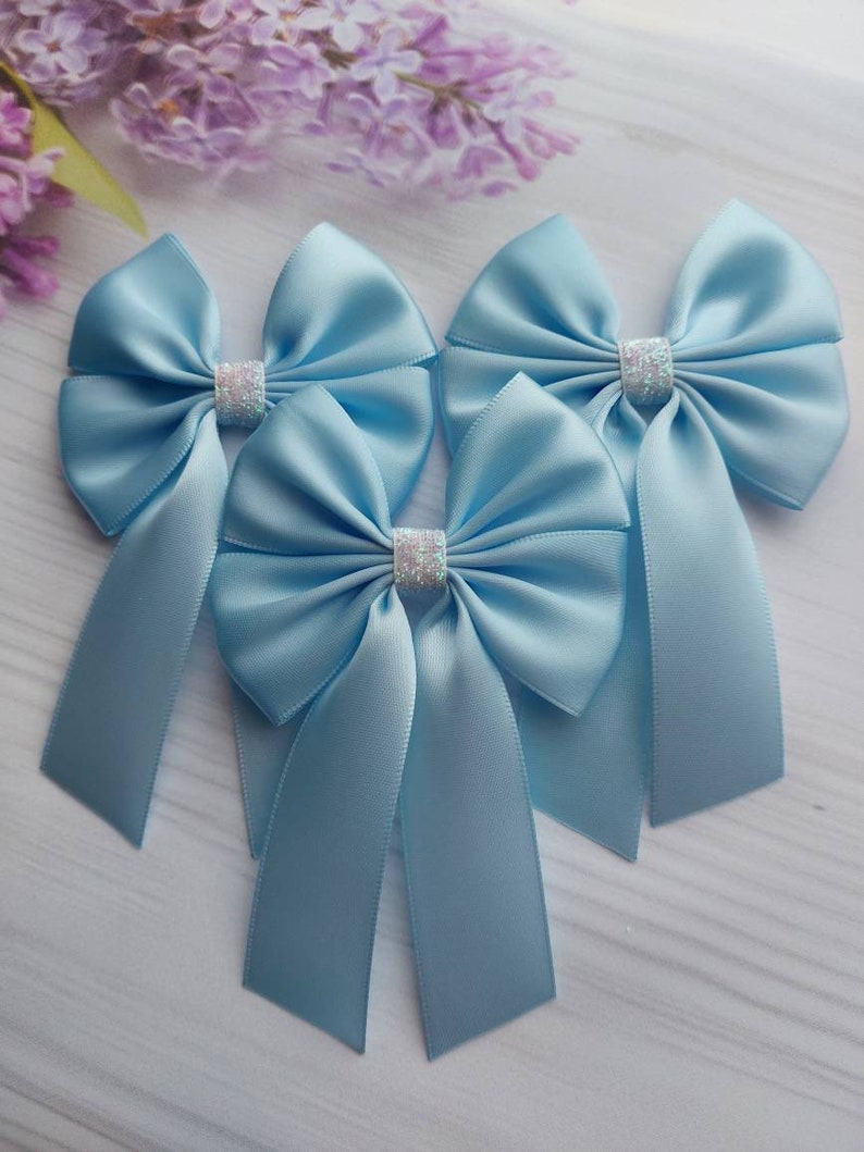 Satin Ribbon Bows Tail Bows Light Blue Baby Blue AB White Glitter ...