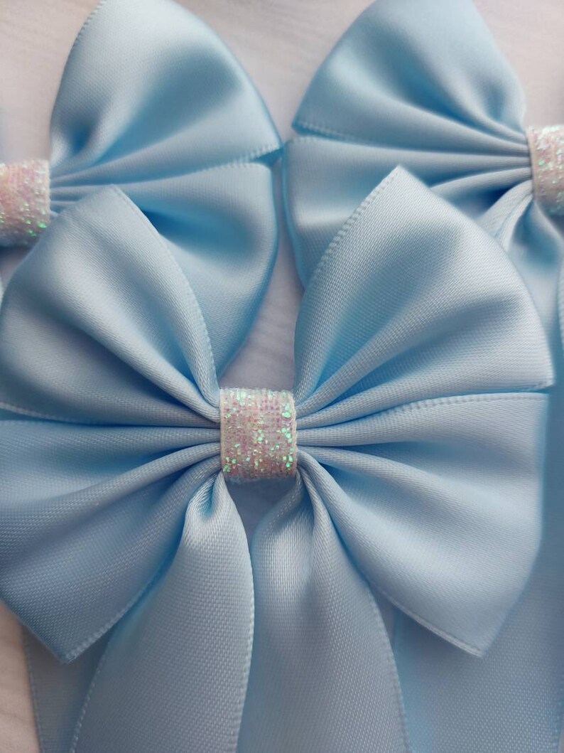 Satin Ribbon Bows Tail Bows Light Blue Baby Blue AB White Glitter ...