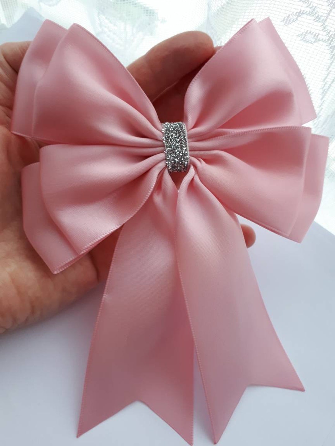1 X Pink 14 X18 Cm Satin Ribbon Double Bow Hair Bow Wedding Christening ...