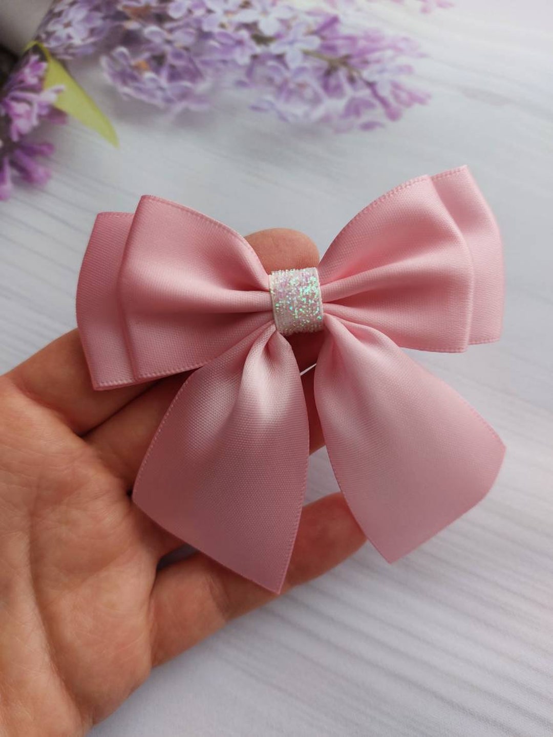 Double Bows Satin Ribbon Ready Made Bows 3.5 Inch 9cm Wide Baby Pink AB ...
