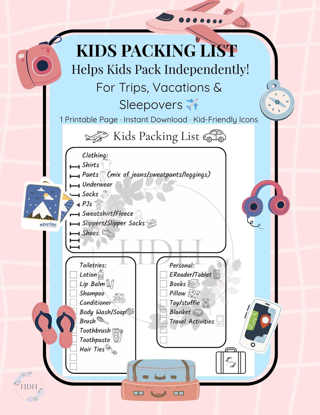 Kids Travel Packing List Printable | Vacation Checklist (PDF) - Etsy