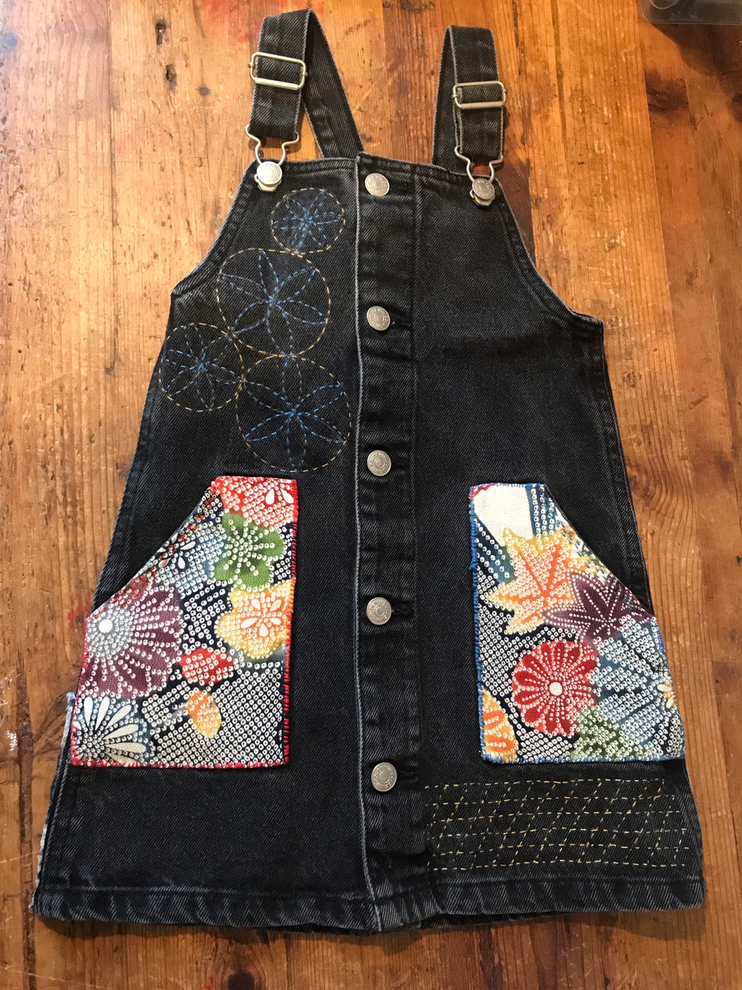 Upcycled Girls Denim Pinafore Dress With Sashiko Stich/vintage Kimono ...