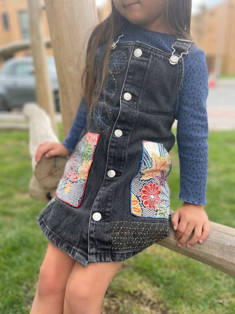 Upcycled Girls Denim Pinafore Dress With Sashiko Stich/vintage Kimono ...