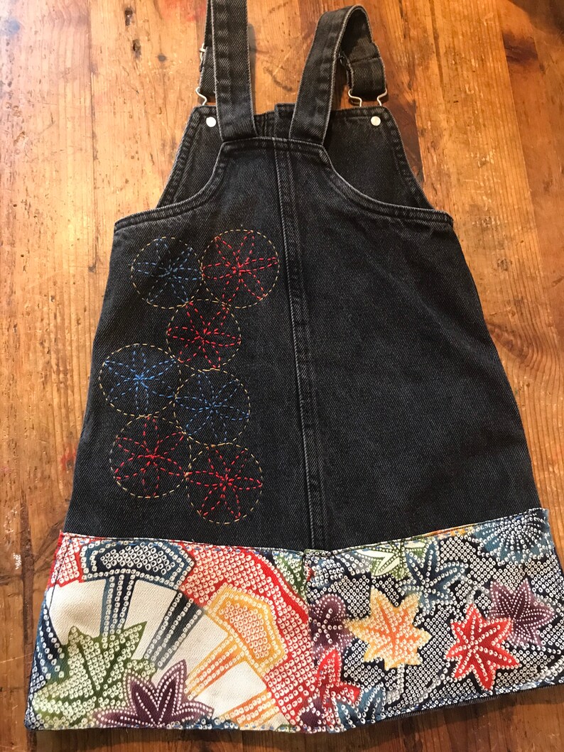Upcycled Girls Denim Pinafore Dress With Sashiko Stich/vintage Kimono ...