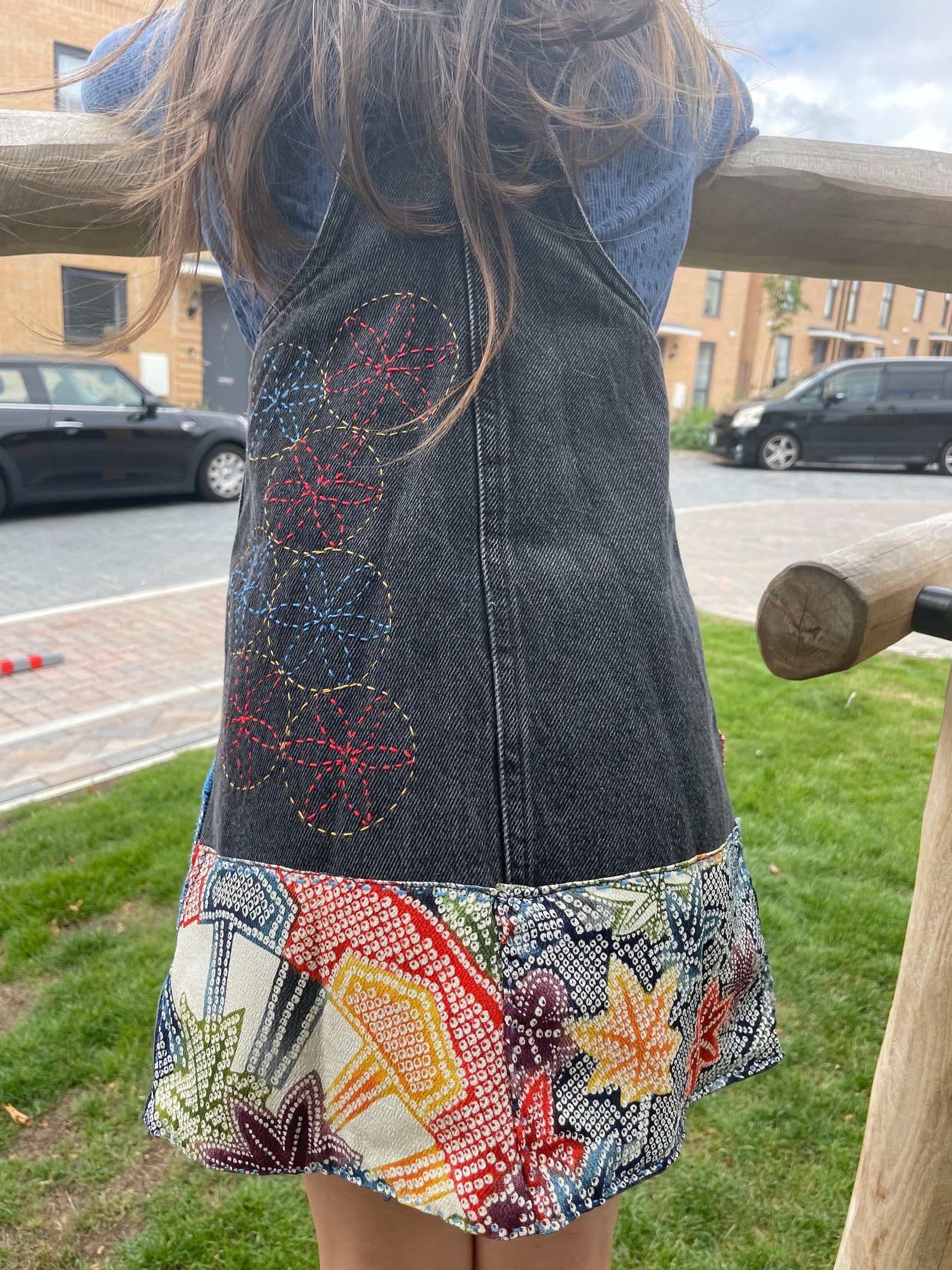 Upcycled Girls Denim Pinafore Dress With Sashiko Stich/vintage Kimono ...