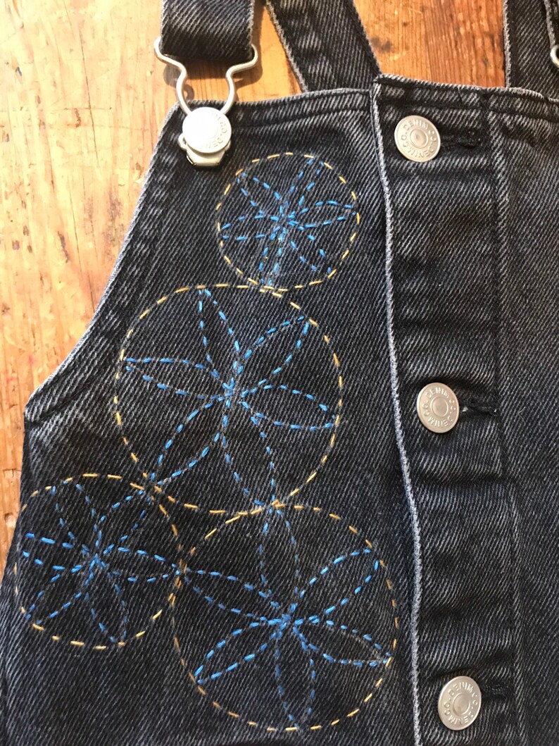 Upcycled Girls Denim Pinafore Dress With Sashiko Stich/vintage Kimono ...