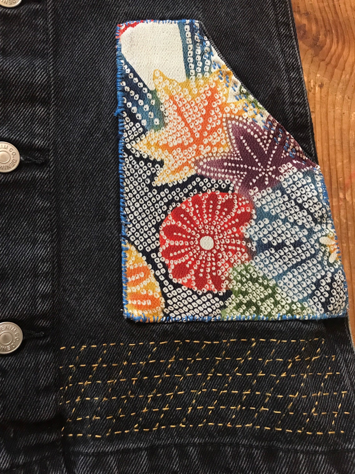 Upcycled Girls Denim Pinafore Dress With Sashiko Stich/vintage Kimono ...