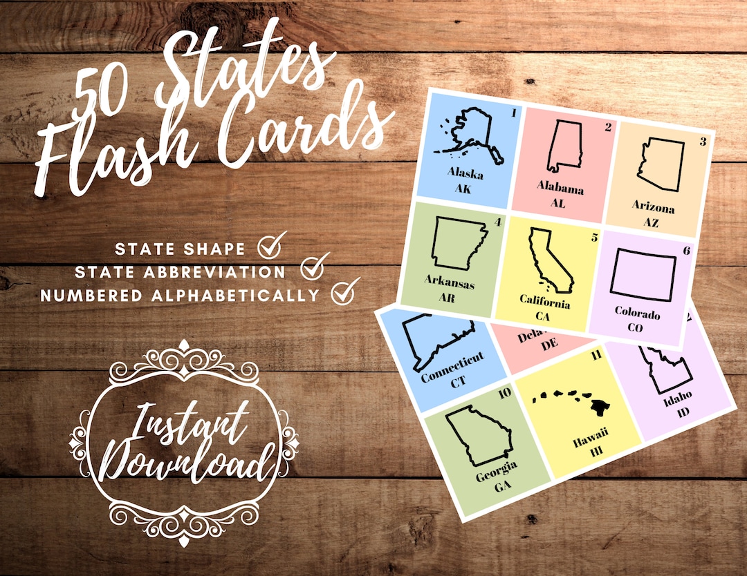 50 United State Flash Cards Print at Home Homeschool 3rd 4th 5th Grade ...