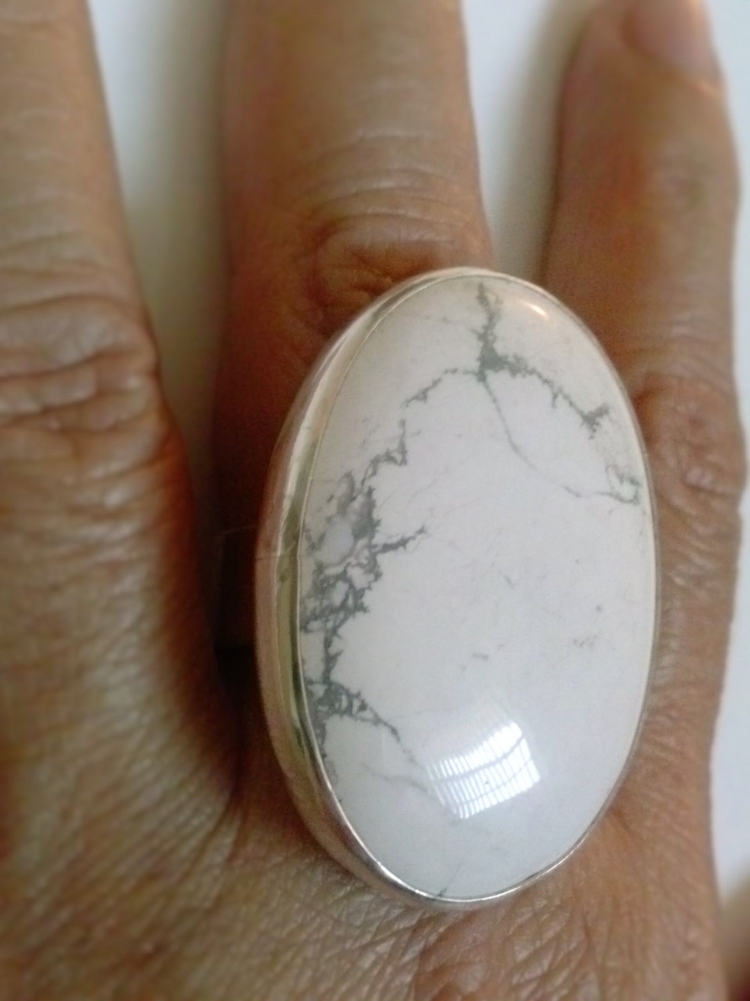 Large Oval Howlite Ring Handmade With Sterling Silver and White Bold ...