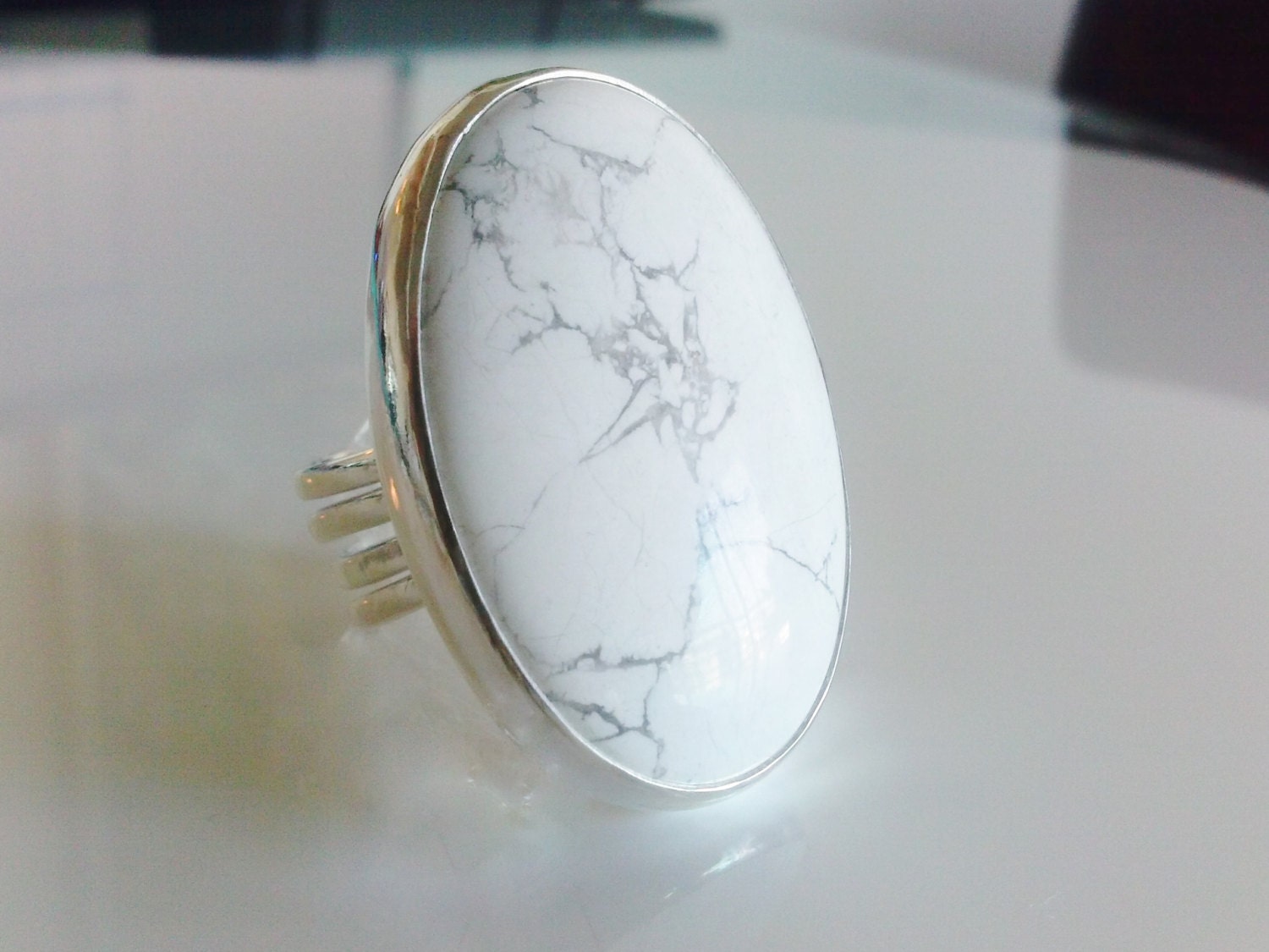 White Howlite Ring Handmade a Large Oval Gemstone and Sterling - Etsy