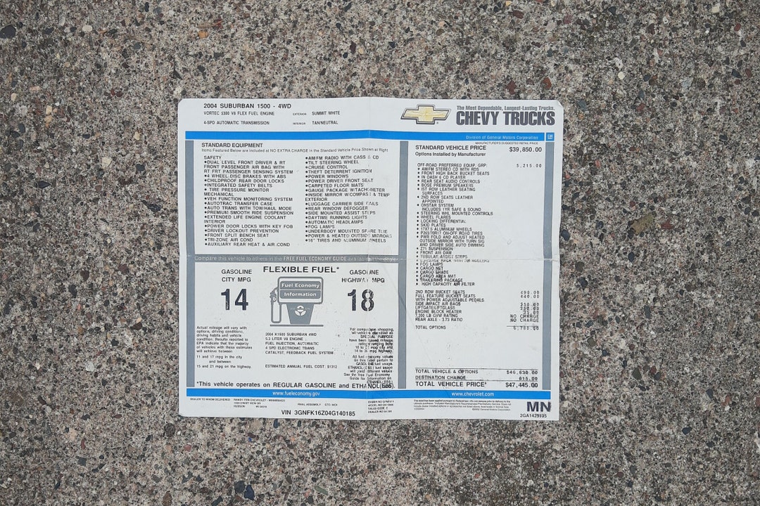 2004 Chevy Suburban 1500 - 4WD Moroney Label Window Sticker - Etsy