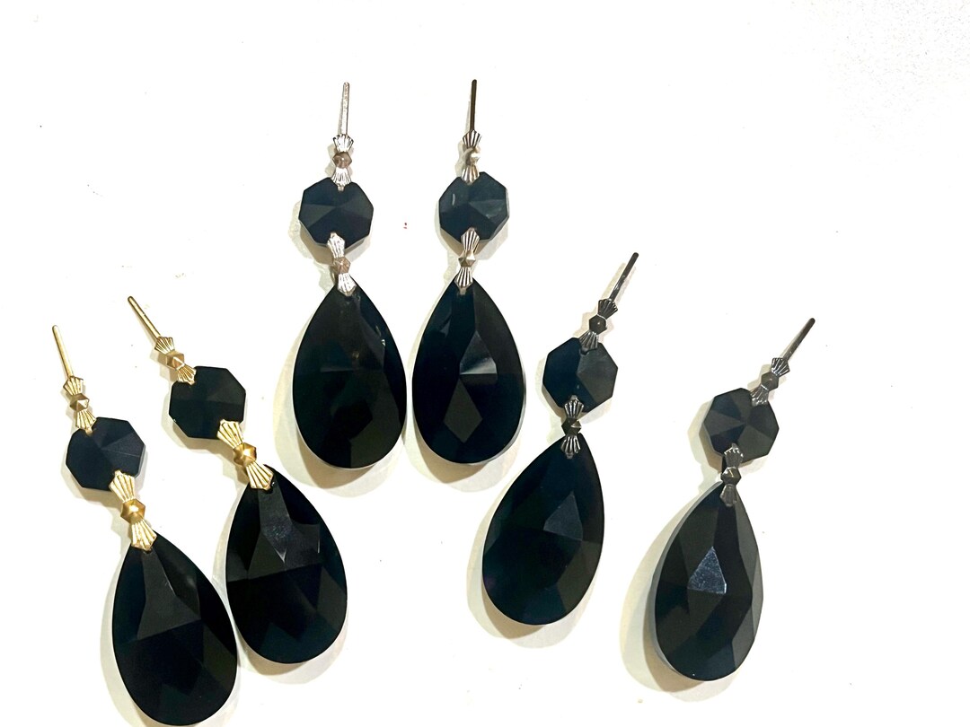 12 Jet Black Glass Crystal Teardrop Pendants (38mm) Magnets Sold ...