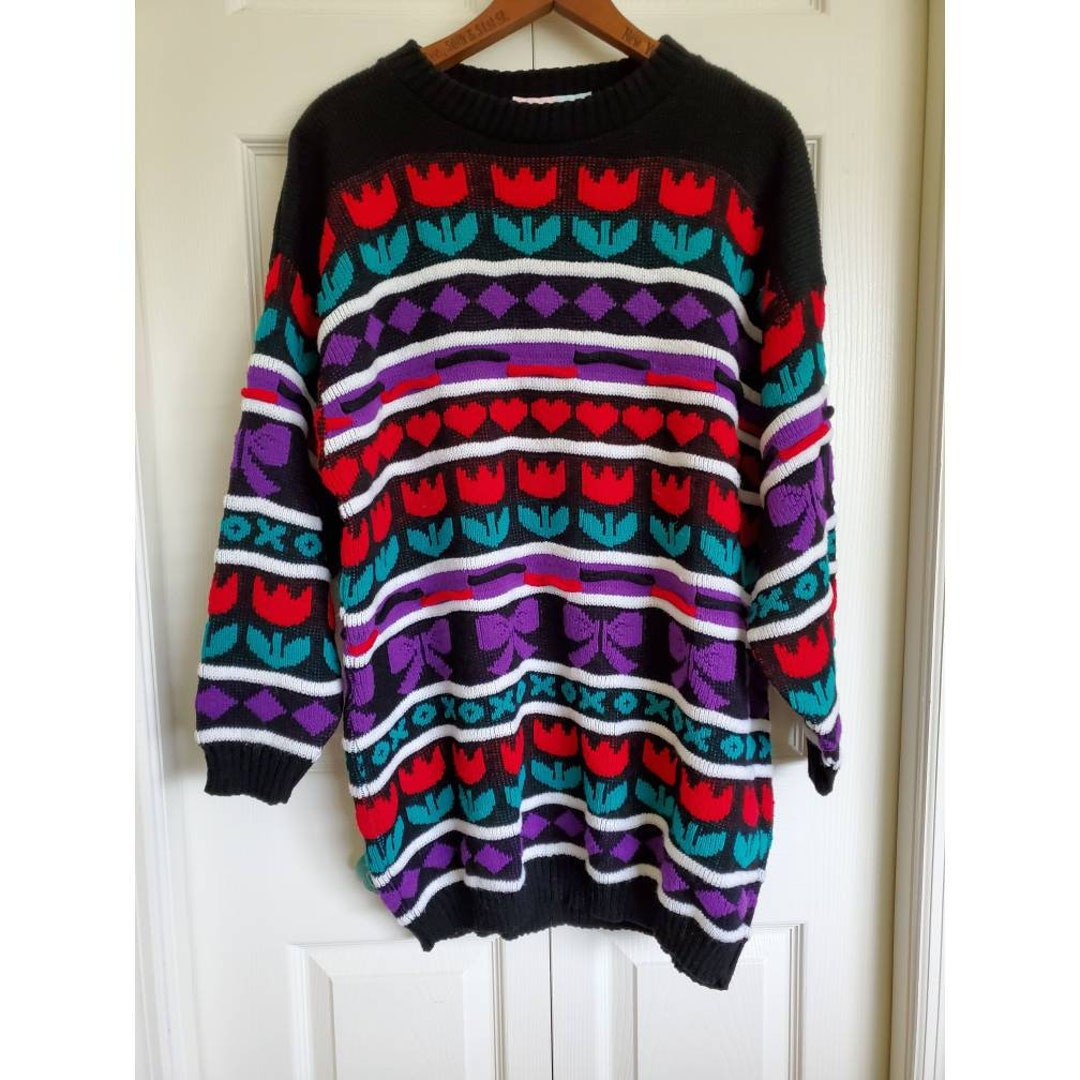 Vintage 80s Knit Oversized Sweater- Tulips Hearts Bows Oversize 80s ...