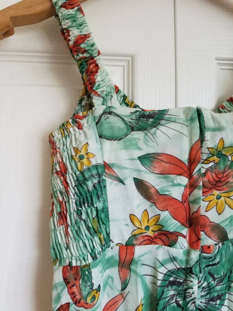 Vintage Green Polyester Maxi Dress With Tiger Face Print- Smocked Top ...
