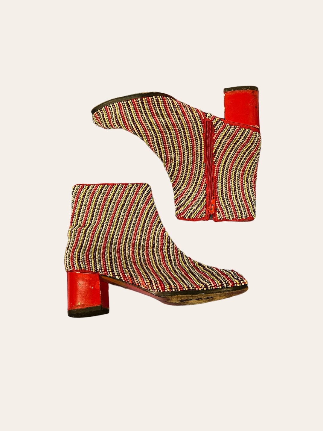 Vintage Multicolored Beaded Boots, Red Boots, Ankle, Booties, Heeled ...