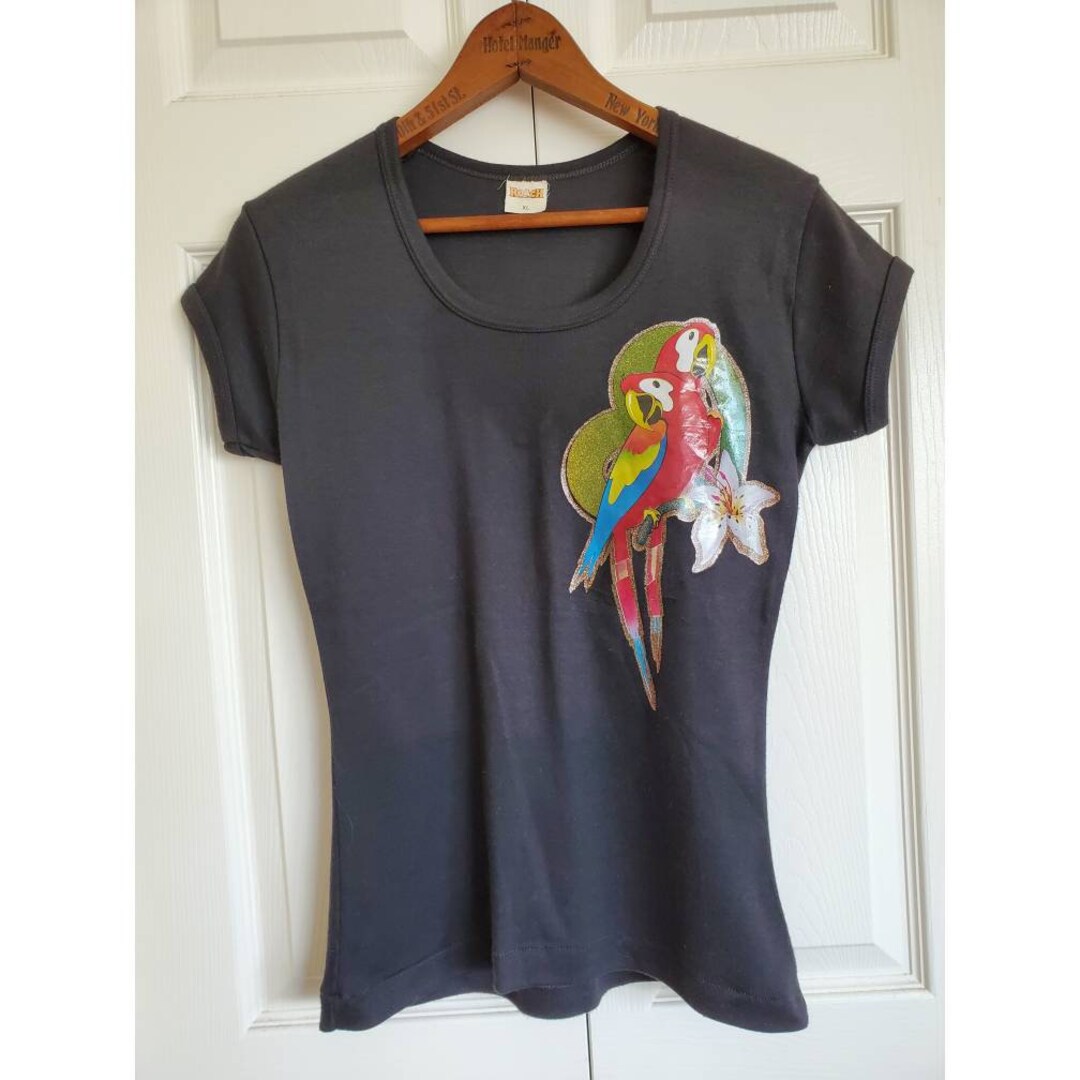 Vintage 70s 80s Glitter Graphic Parrots Baby Tee 1970s Tee Shirt ...