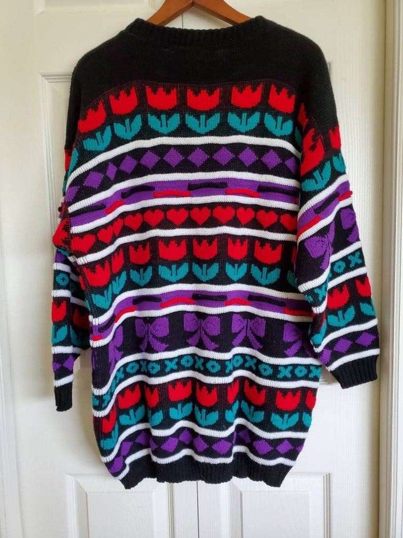 Vintage 80s Knit Oversized Sweater- Tulips Hearts Bows Oversize 80s ...