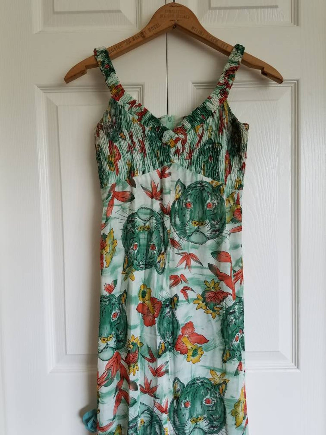 Vintage Green Polyester Maxi Dress With Tiger Face Print- Smocked Top ...