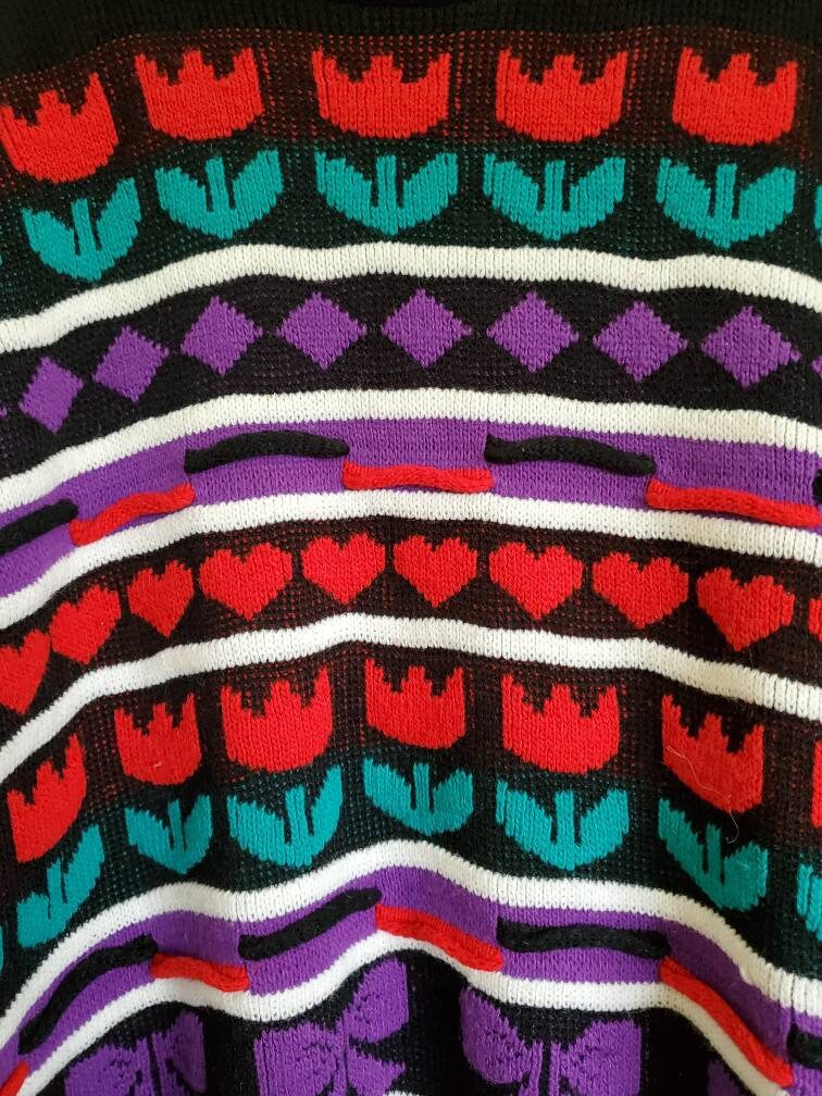 Vintage 80s Knit Oversized Sweater- Tulips Hearts Bows Oversize 80s ...