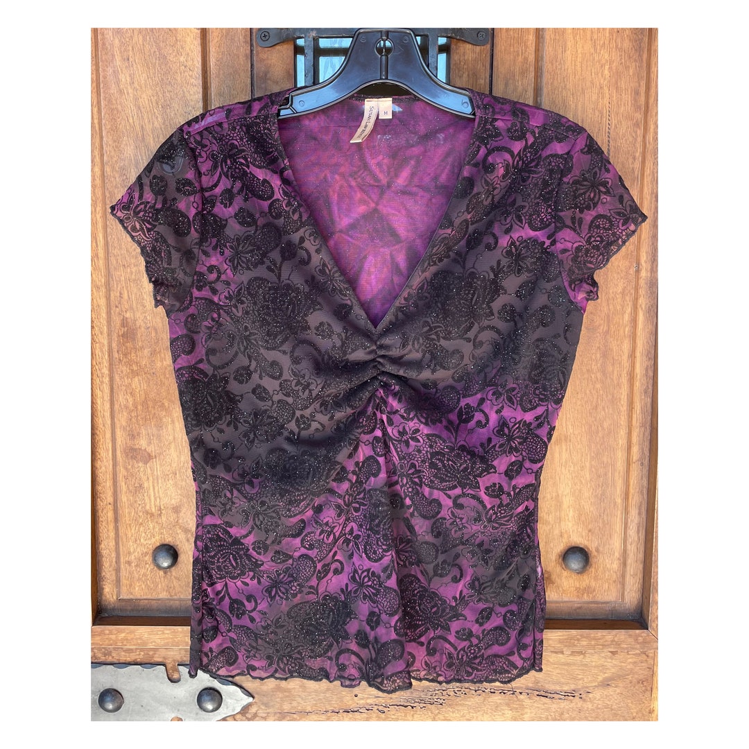Vintage Y2K Black Floral Purple Sparkle Mesh Top, Size Medium, Grunge ...