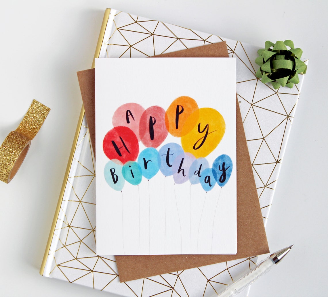 Balloons Happy Birthday Card, Birthday Card for Any Age, Simple ...
