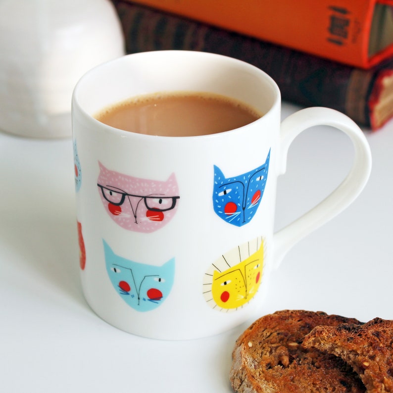 Colourful Cat Mug Gift for cat people Bone China mug Gifts | Etsy