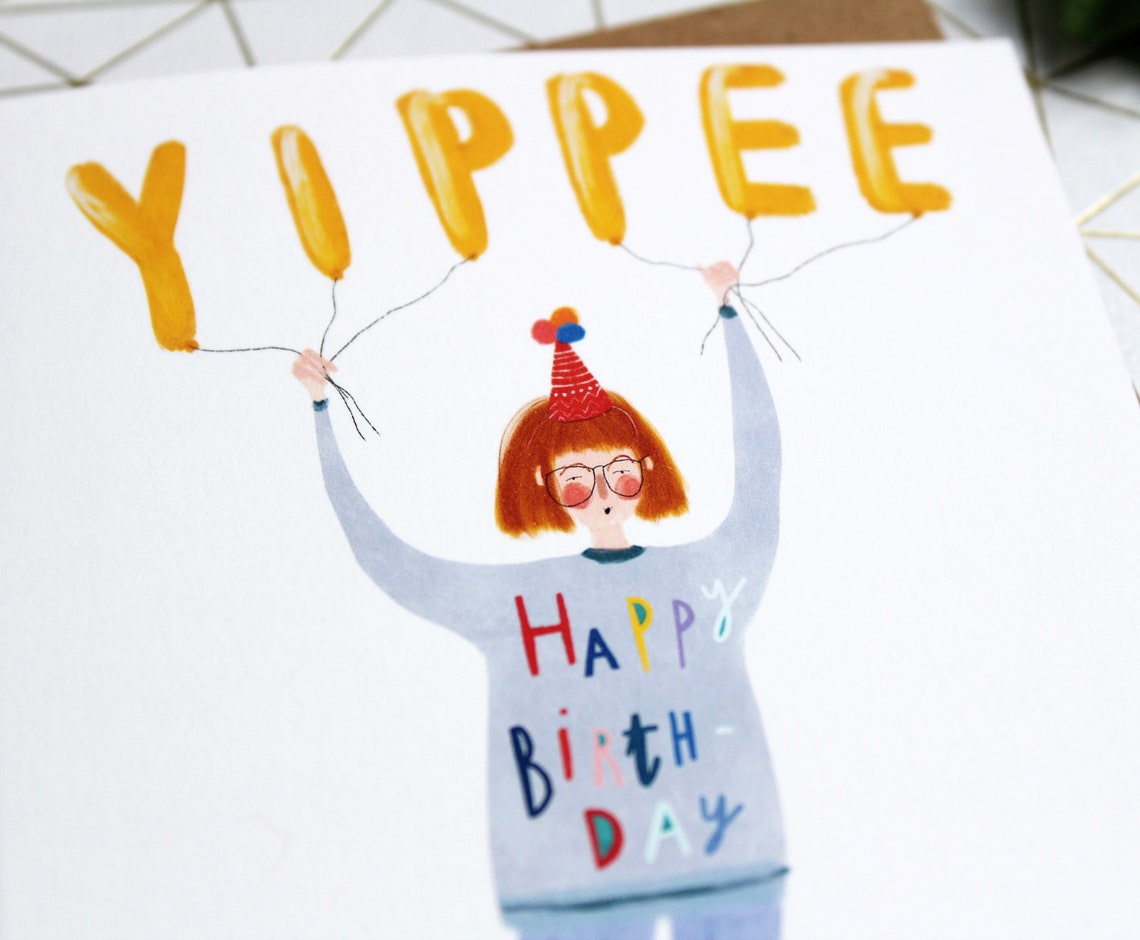 Yippee Illustrated Happy Birthday Card Balloon Birthday Card | Etsy