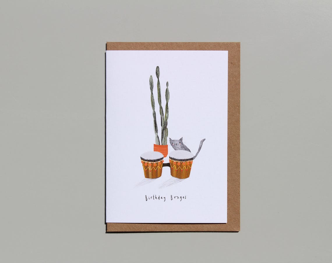 Cactus Cat Bongos Birthday Card Happy Birthday Greetings - Etsy