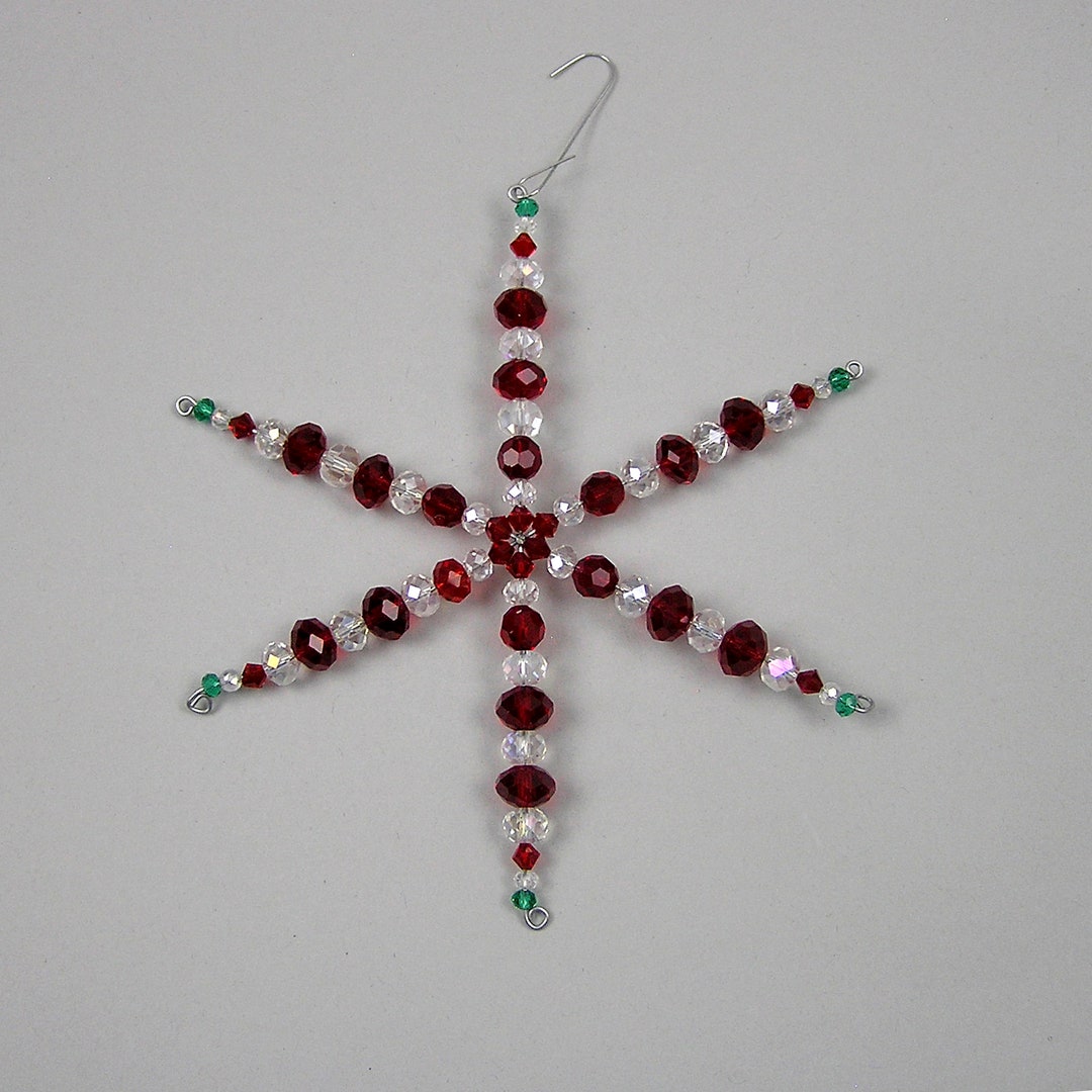 Snowflake Ornament Red Crystal Bead Handmade Snowflake Sparkly Tree ...