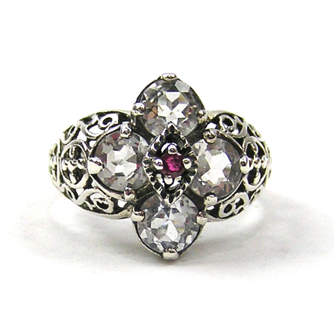 White Topaz and Ruby Sterling Silver Ring Thailand Size 5 – 5 1/2 - Etsy