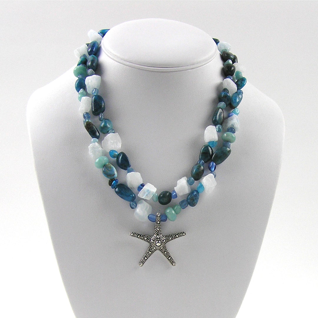 Beachy Bead Necklace Starfish Pendant Necklace Raw Aquamarine Nuggets ...