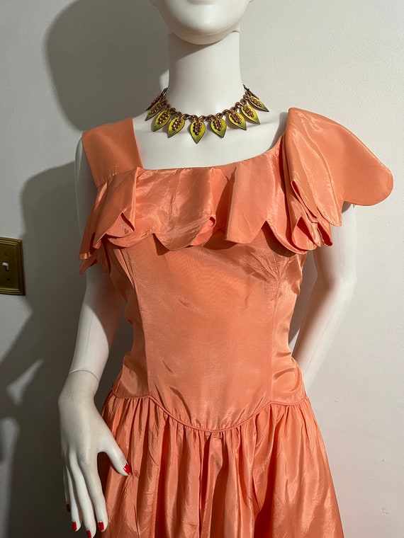 1930s Curvy Peach Taffeta Evening Dress Ruffle Asymme… Gem