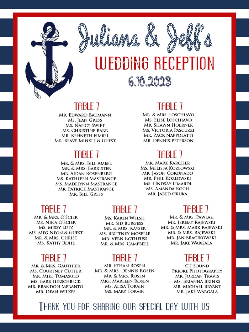 Printed Nautical Wedding Seating Chart/red,white & Blue Nautical Sign ...