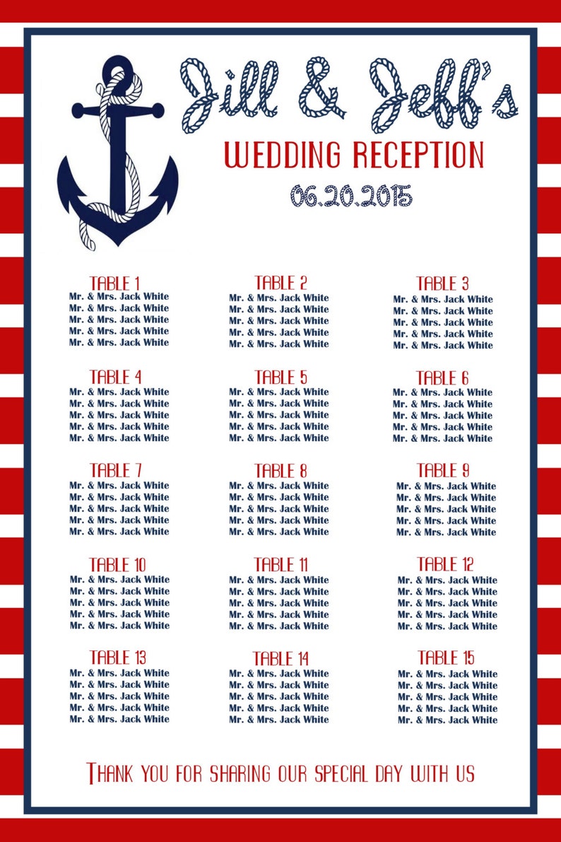 Printed Nautical Wedding Seating Chart/RedWhite & Blue | Etsy