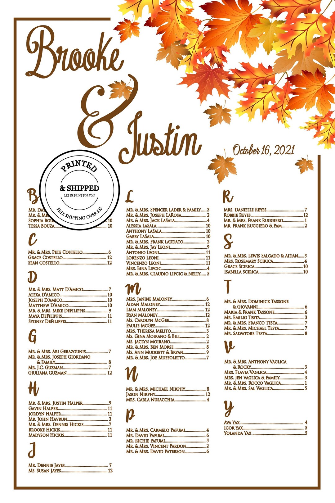 Fall Leaves Seating Chart, Autumn Leaves Seating Plan, Printed Seating ...