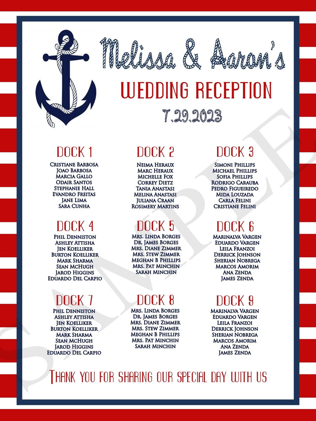 Printed Nautical Wedding Seating Chart/red,white & Blue Nautical Sign ...