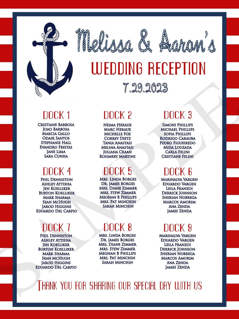 Printed Nautical Wedding Seating Chart/red,white & Blue Nautical Sign ...
