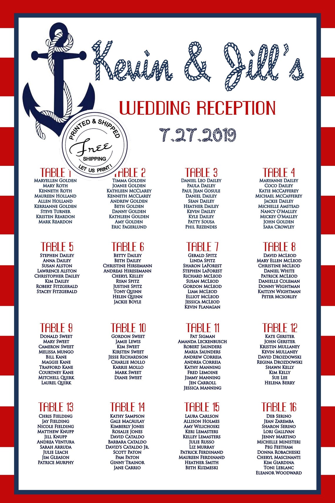 Printed Nautical Wedding Seating Chart/RedWhite & Blue | Etsy