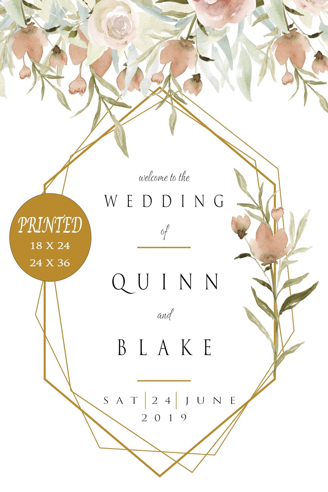 Geometric Welcome to Our Wedding Sign, Gold Frame and Blush Florals ...