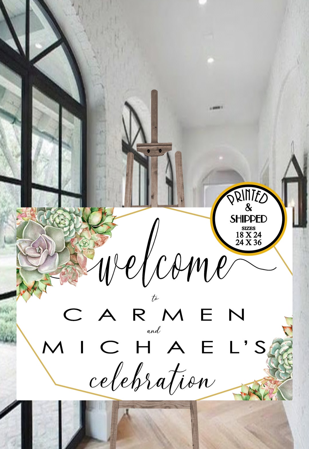 Succulent Wedding Welcome Celebration Sign, Gold & Green Succulent ...